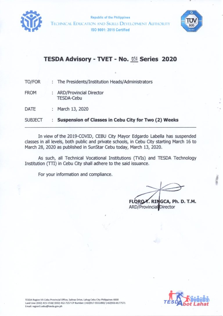 TESDA suspends all classes in training centers in the province of Cebu ...